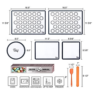 Silicone Baking Mats Set of 5 + 1 Spatula - 100% Non-Stick Reusable Food Safe Liners, Baking Sheets For Oven, Macaron