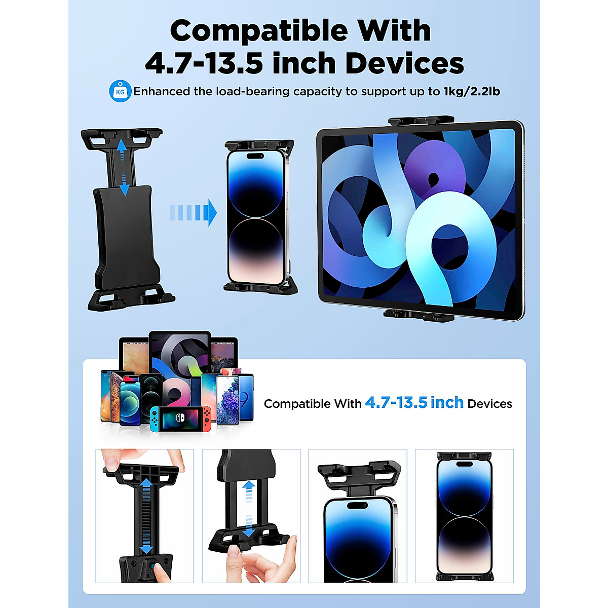 LZSIG Updated Tablet Mount Holder for Mic Stand, Adjustable Microphone Music Stand iPad iPhone Holder Stand, Compatible with Kindle, Android, All 4.7 to 13.5-inch Tablets & Smartphones (L)