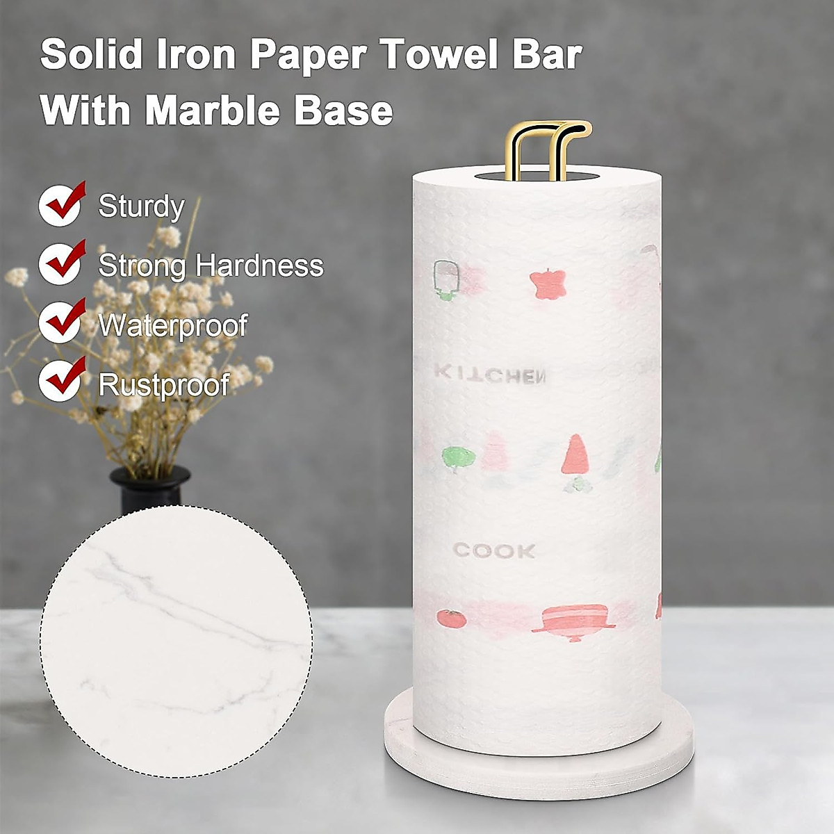 NearMoon Paper Towel Holder Countertop, Sturdy Kitchen Paper Towel Stand Dispenser-All Metal, Standard or Jumbo-Sized for Kitchen Countertop,Farmhouse, Living Room (Marble Base, Gold)