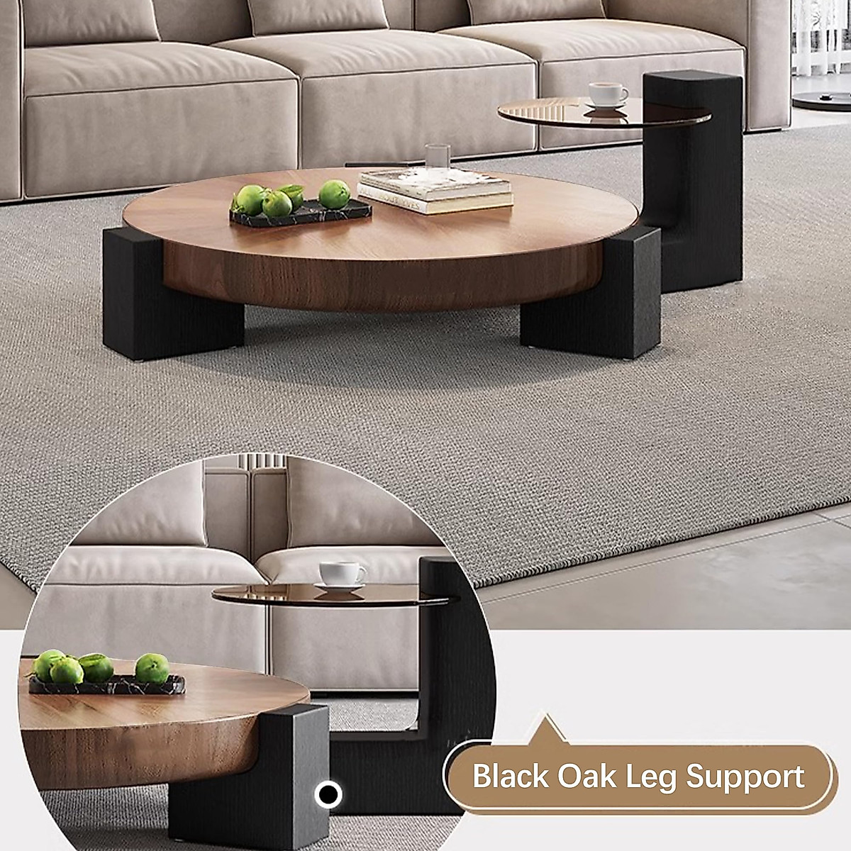 Round Coffee Table, 36in 2-Part Unique Modern Wooden Coffee Tables for Living Room Bedroom Coffee, Solid Wood Coffee Table Leg & Top, Brown Explosion-Proof Glass Small Top