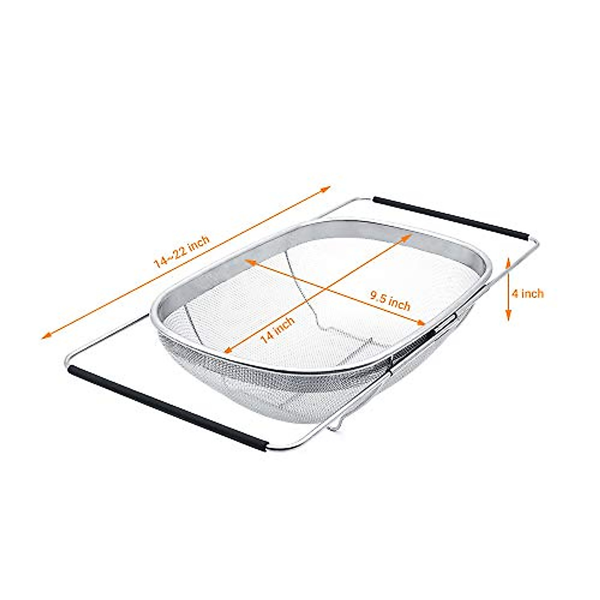 Over the Sink Colander Strainer Basket with Rubber Grip, 6 Quart Stainless Steel Vegtable Fruit Colanders Strainers with Steady Base, Expandable Metal Strainer for Kitchen Sink