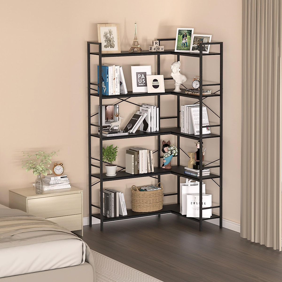 Lazyvan Black Corner Bookshelf,5 Tiers Corner Bookcase with Open Storage,L Shaped Shelves for Home Office,Living Room,Bedroom