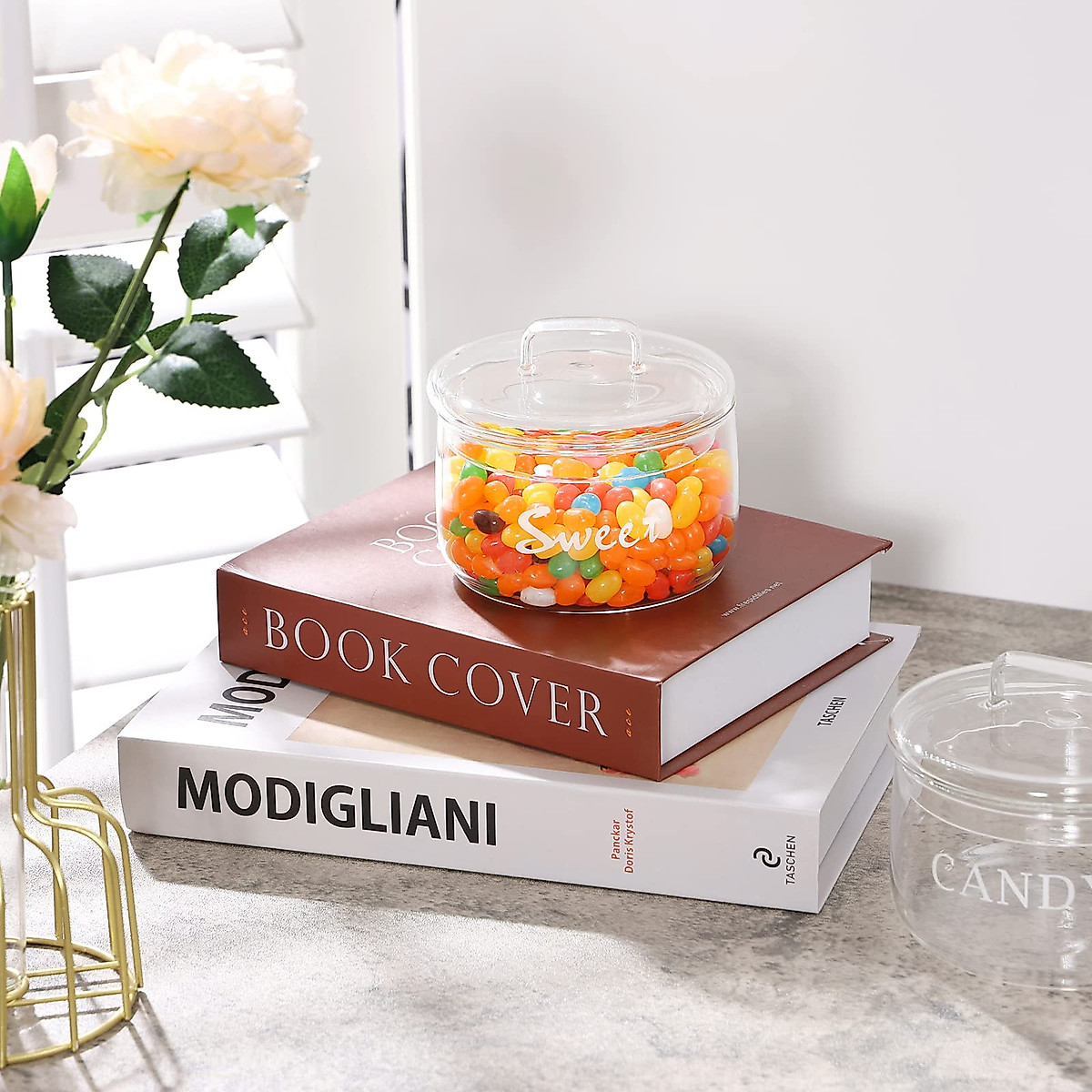 KEKEHOME Glass Candy Dish with Lid Covered Candy Bowl Decorative Cookie Jar Clear Salad Bowl Buffet Storage Container for Home Kitchen Coffee Table Office Desk and Party Wedding