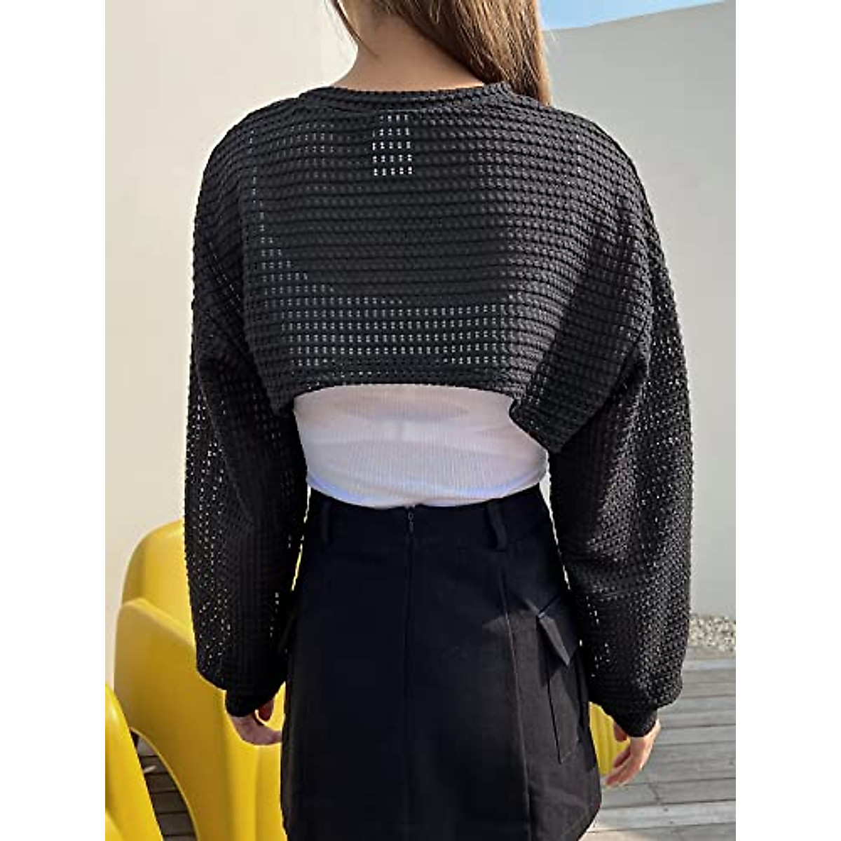 Verdusa Women's Crop Cover Up Long Sleeve Pointelle Knit Hollow Out Crochet See Through Knit Top Black M