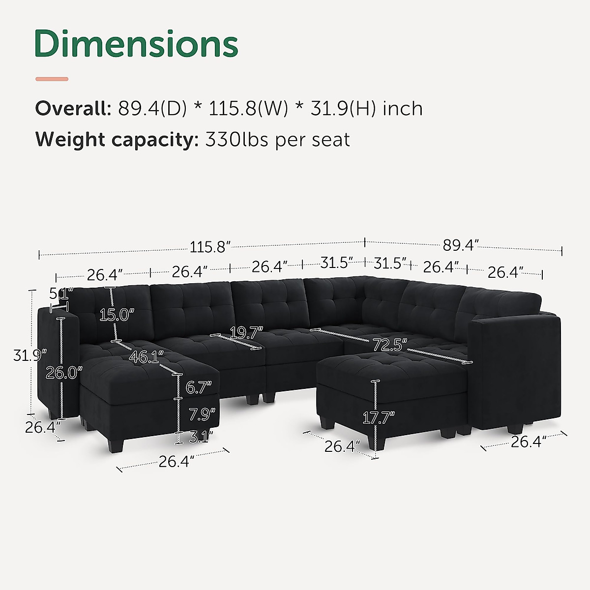 HONBAY Modular Sectional Sofa with Storage Ottomans Oversized U Shaped Couch with Chaises 8-Seater Sectional Sofa for Living Room, Black
