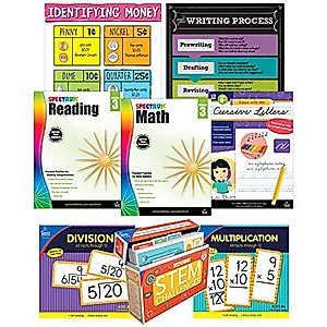 Carson Dellosa 3rd Grade Homeschool Learning Kit—Spectrum Reading and Math Workbooks, Cursive Handwriting Workbook, Division and Multiplication Flash Cards, Posters, and STEM Activities (8 pc)