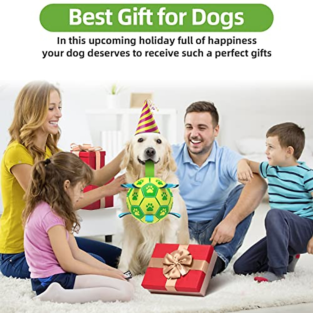 QDAN Dog Toys Soccer Ball, Interactive Dog Toys for Tug of War, Dog Tug Toy, Dog Water Toy, Durable Dog Balls for Small & Medium Dogs-Green&Yellow(6 inch)