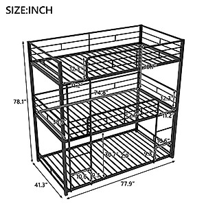 Triple Bunk Beds, Twin Over Twin Over Twin Metal Bunk Bed for Kids, Teens, Adults, Girls, Boys, Black
