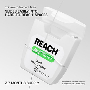 REACH Waxed Dental Floss, Mint, Plaque Remover for Teeth, Shred Resistant, Floss Slides Smoothly, Easy to Use, Waxed, Deep Cleaning Teeth, Oral Care, PFAS Free, for Adults & Kids, 6 Pack, 55 yd