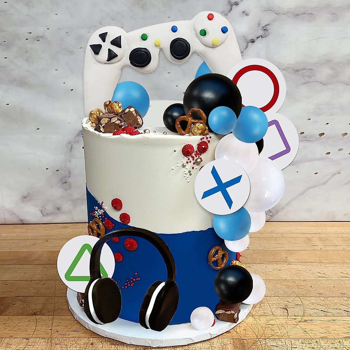 30 PCS Video Game Themes Cake Toppers Cake Decoration Headset Cake Decoration Ball Cake Decoration Game Controller Cake Decoration for Birthday Party (White)