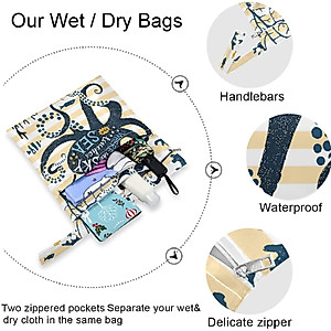 visesunny Octopus Fish Stripe 2Pcs Wet Bag with Zippered Pockets Washable Reusable Roomy for Travel,Beach,Pool,Daycare,Stroller,Diapers,Dirty Gym Clothes, Wet Swimsuits, Toiletries
