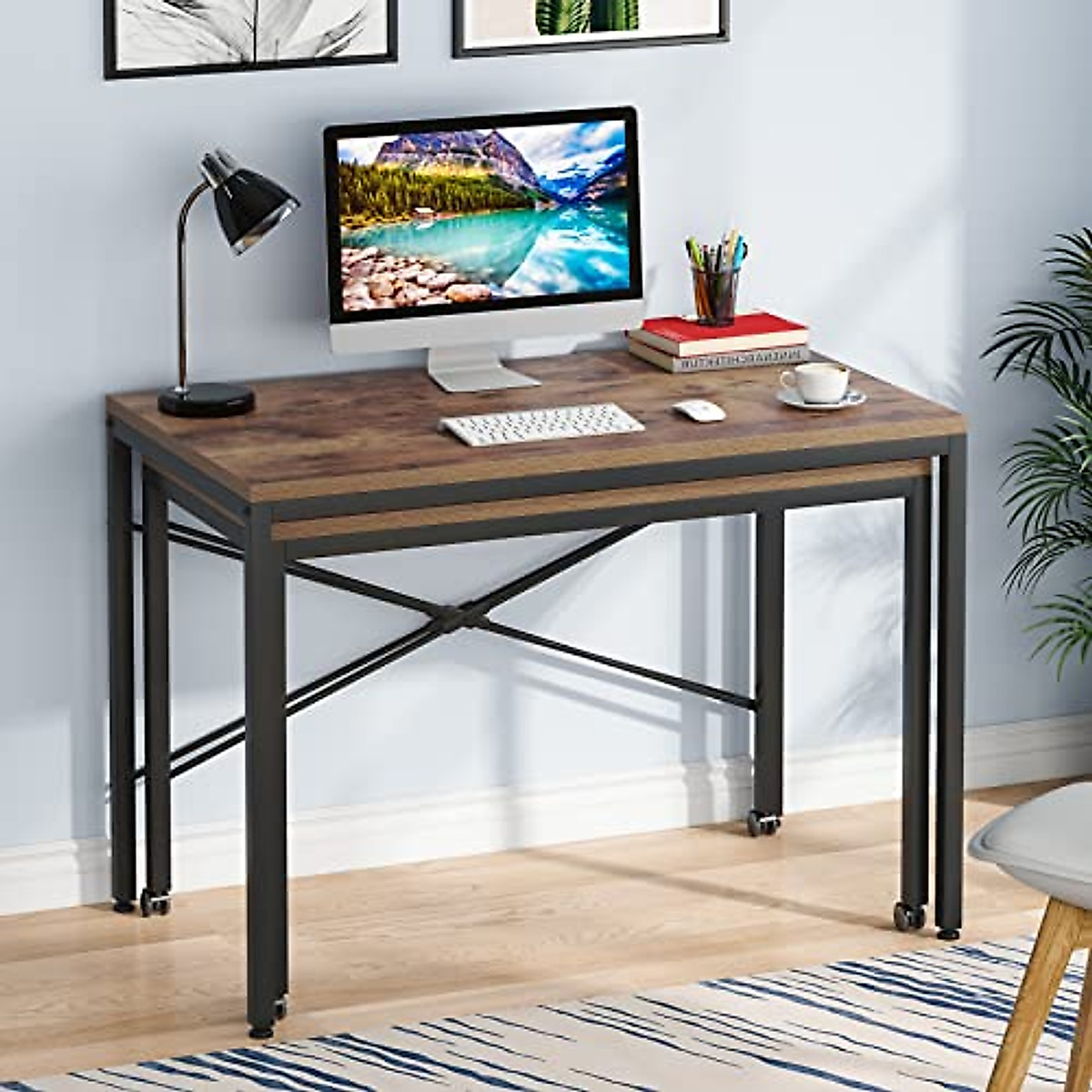 Tribesigns Two Person Computer Desk Double, 39" Simple Small Desks for Small Spaces, Large Writing Workstation + Modern Mini Table on Wheels Lockable, Home Office Desks for Bedroom Farmhouse Brown