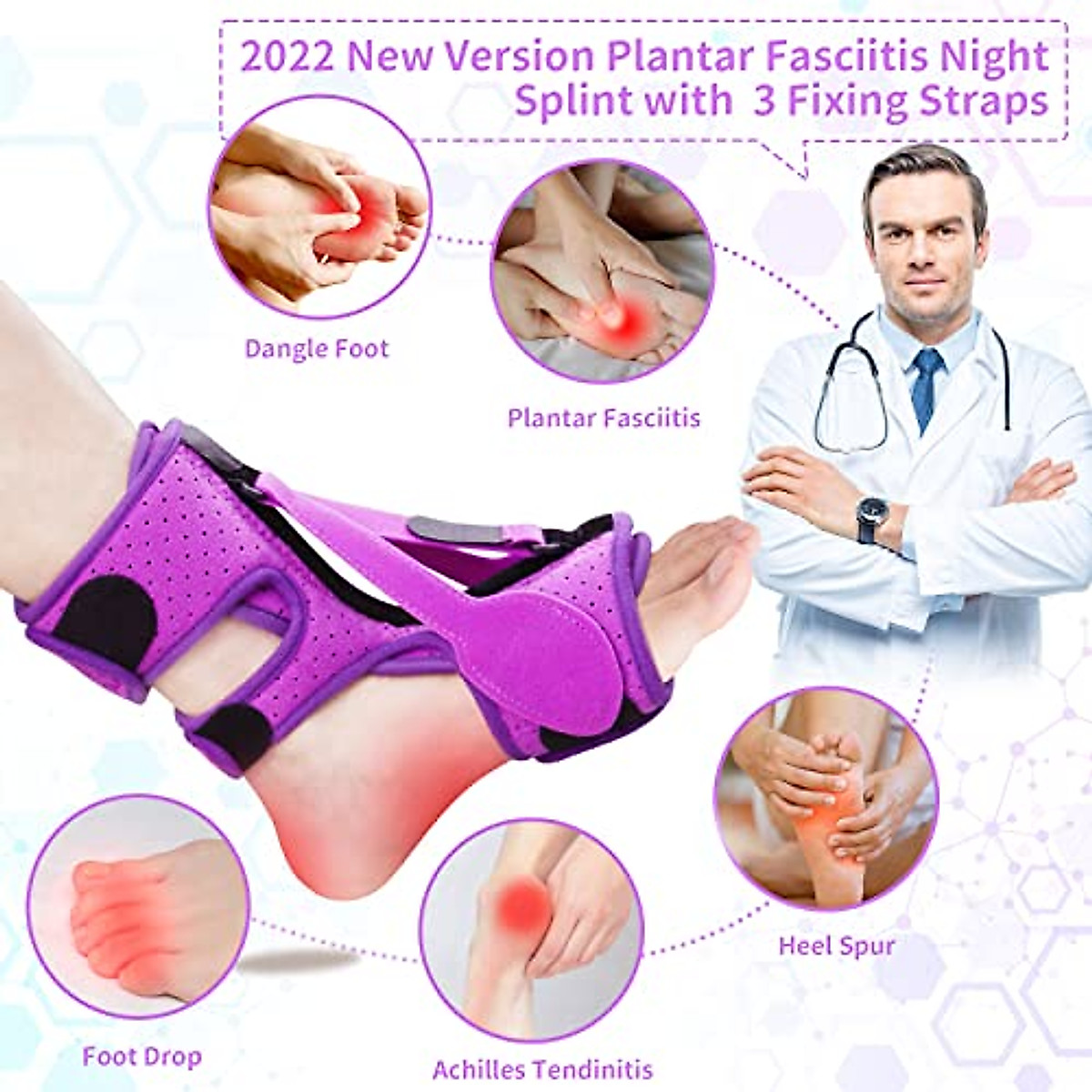 2 Pack Plantar Fasciitis Night Splint with 3 Fixing Straps, Adjustable Achilles Tendonitis Relief Night Splints for Plantar Fasciitis, Foot Drop Ankle Pain, Heel Pain, Achilles Tendonitis(Purple)