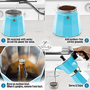 Zulay Classic Italian Style 5.5 Espresso Cup Moka Pot, Classic Stovetop Espresso Maker for Great Flavored Strong Espresso, Makes Delicious Coffee, Easy to Operate & Quick Cleanup Pot (Blue)