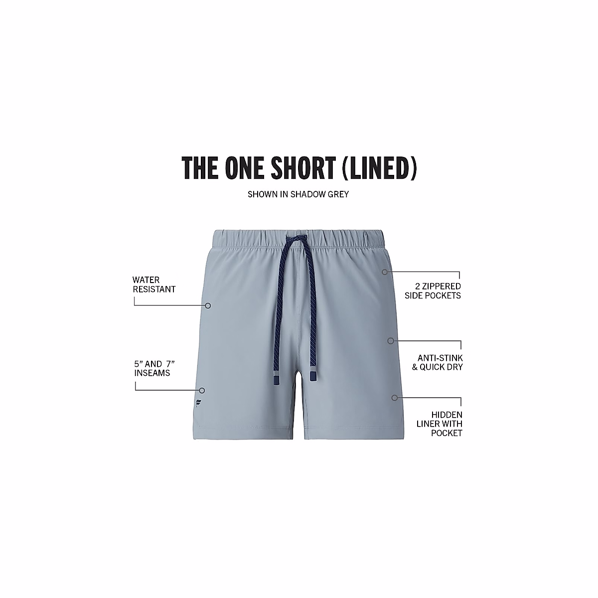 Fabletics Men's The One Short (Lined), Training, Swimming, Lightweight, Quick-Dry, Zip Pocket, Stretch Woven, 7" Inseam, L, Shadow Grey