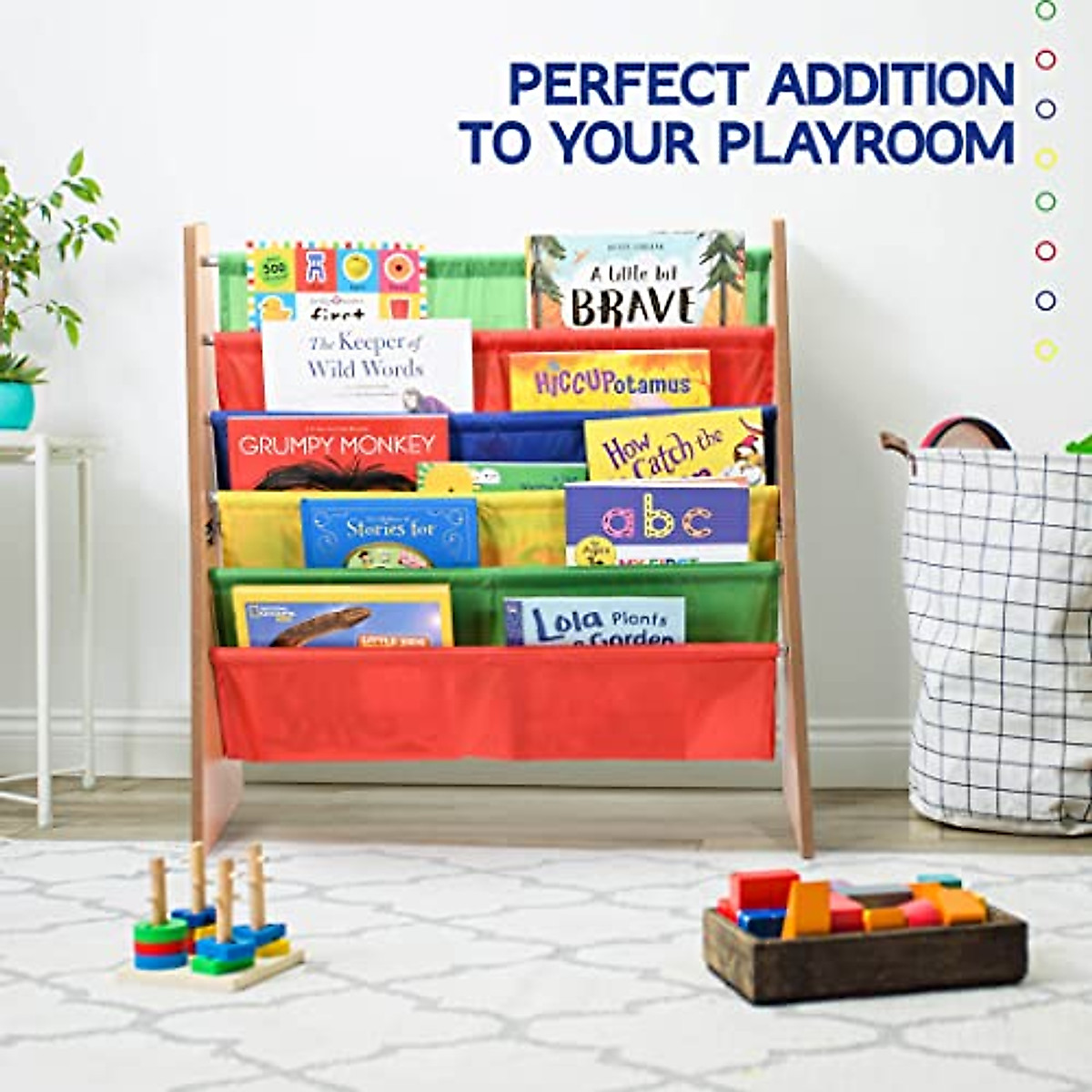 Sagler Toddler Book Shelf Organizer - Wooden Kids Book Case Storage & Magazine Rack with 5 Multicolored Nylon Fabric Shelves - Easy-to-Reach Kids Bookshelf for Nursery, Bedroom, Playroom, Classroom