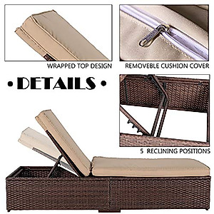 Super Patio Outdoor Chaise Lounge Chair, Patio Pool Lounge Chairs for Outside, Rattan Reclining Chaise Lounger with Adjustable Backrest and Removable Cushions, Beige(Set of 2)