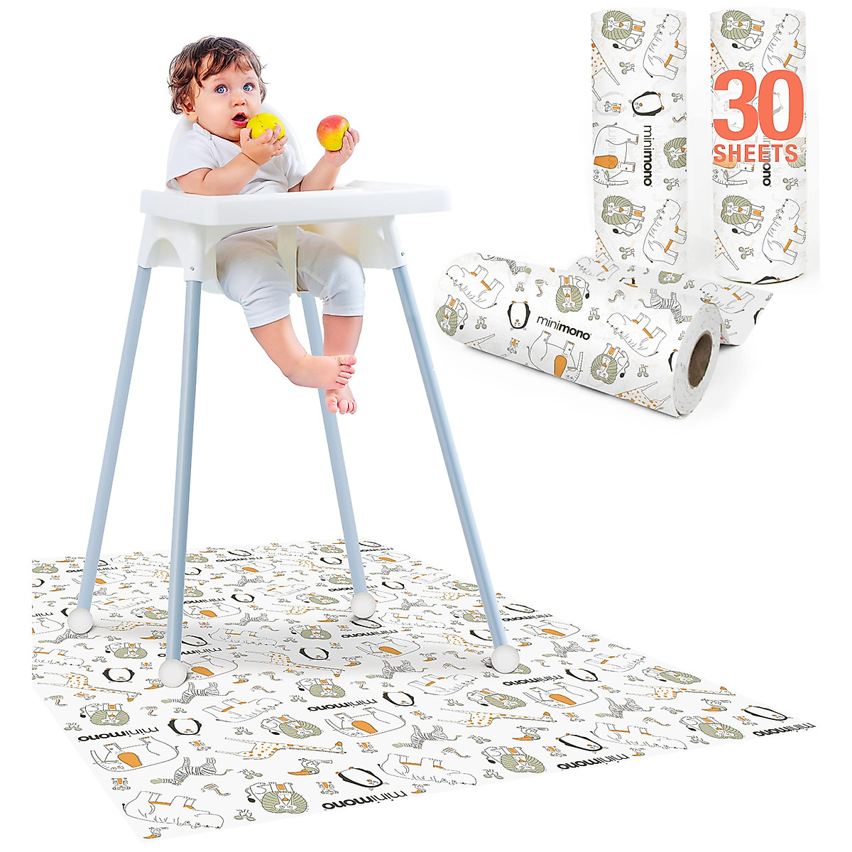 Minimono Baby Splat Mat for Under High Chair - 30 Pcs Disposable and Waterproof Splash Mats - 40"x47" Multipurpose Activity Mat for Picnic Art Craft - Baby Led Weaning Supplies (Penguins)