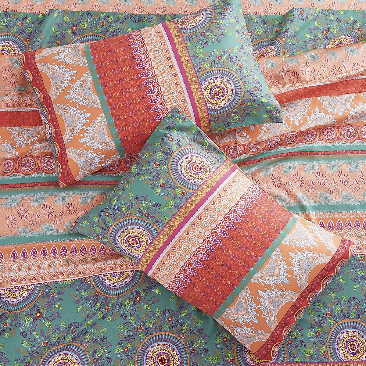 Wake In Cloud - Boho Bed Sheets, 4-Piece Sheet Set, Bohemian Chic Mandala Medallion Colorful Hippie Aesthetic Bedding, Deep Pocket, Orange Green, Twin Size