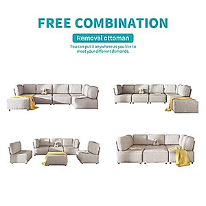 BALUS Beige Modular Sectional Sofa with Ottoman, U Shaped L Shaped Convertible Sectional Couch, Free-Combined Oversized Sectional Sleeper Sofa Furniture Sets for Living Room