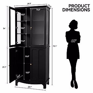 ARTPOWER 72" Freestanding Kitchen Pantry Storage Sideboard, Classical Tall Cabinet with Glass Door and Adjustable Shelves for Kitchen, Livingroom and Dining Room, Black