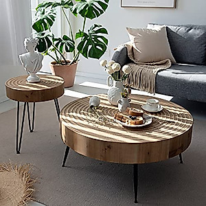 COZAYH 2-Piece Modern Farmhouse Living Room Coffee Table Set, Nesting Table Round Natural Finish with Handcrafted Wood Ring Motif