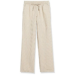 Amazon Essentials Women's Linen Blend Drawstring Wide Leg Pant (Available in Plus Size), Ecru Stripe, Small