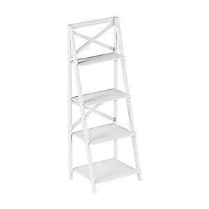 Lavish Home 4-Tier Ladder Bookshelf – Freestanding Wooden Bookcase – X-Back Frame and Leaning Look Decorative Shelves for Home and Office (White) Set of 1