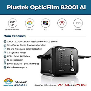 Plustek OpticFilm 8200i AI - 35mm Film & Slides Scanner. IT 8 Calibration Target + SilverFast Ai Studio 8.8, 7200 dpi Resolution 64Bit HDRi , Mac/PC
