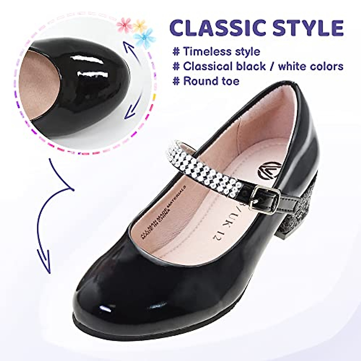 LseLom Girls Dress Shoes with Rhinestone Mary Janes for Girls Hook and Loop Party Sparkly Heels Shoes Black Big Kid 2