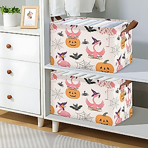 DIGTIA Halloween Flamingo Pumpkin Storage Bins Witch Spider Bat Collapsible Storage Basket with Handles Storage Box Organizer for Clothes Shelves Closet Cabinet Home Office, 1PC