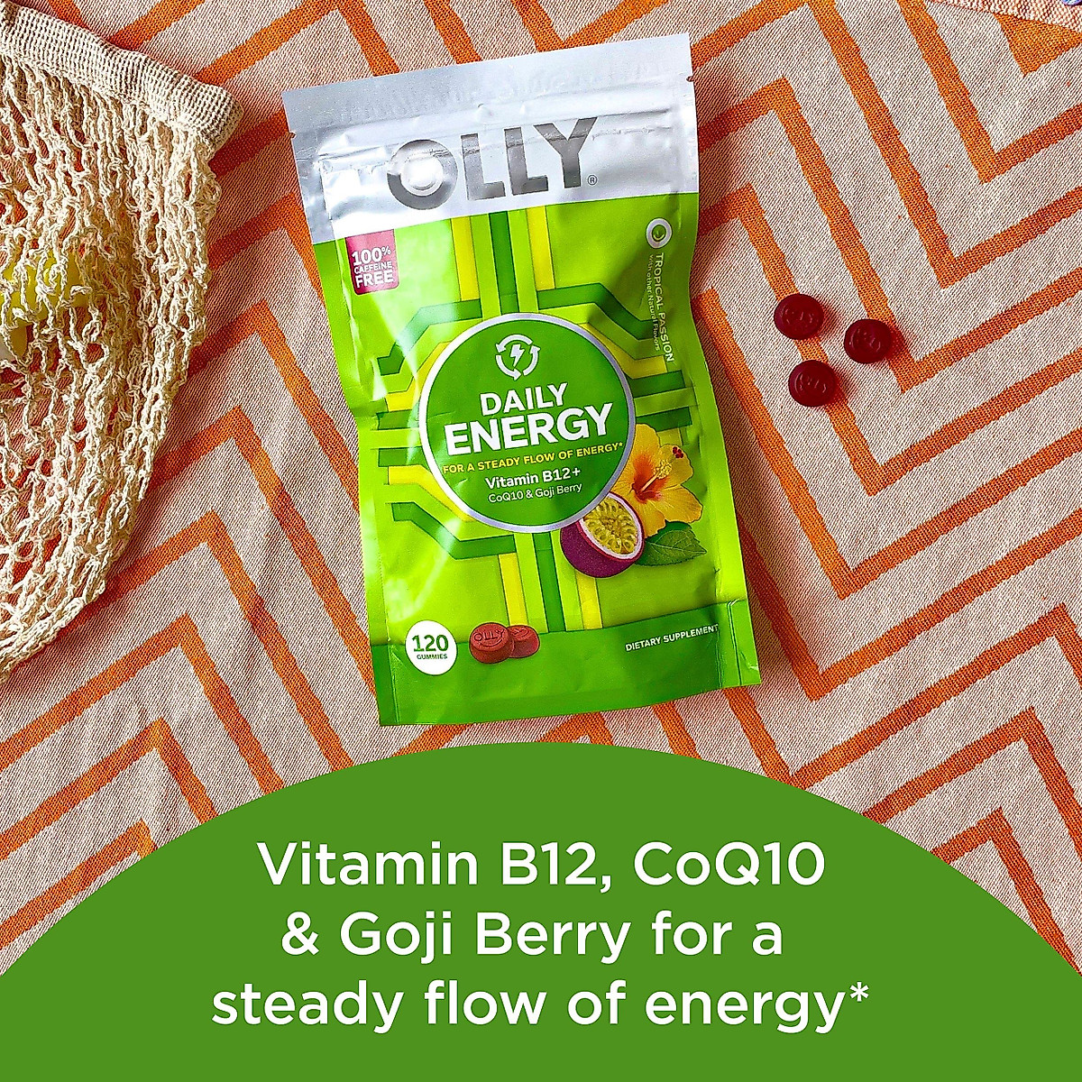 OLLY Daily Energy Gummy, Caffeine Free, Vitamin B12, CoQ10, Goji Berry, Adult Chewable Supplement, Tropical Flavor - 120 Count Pouch