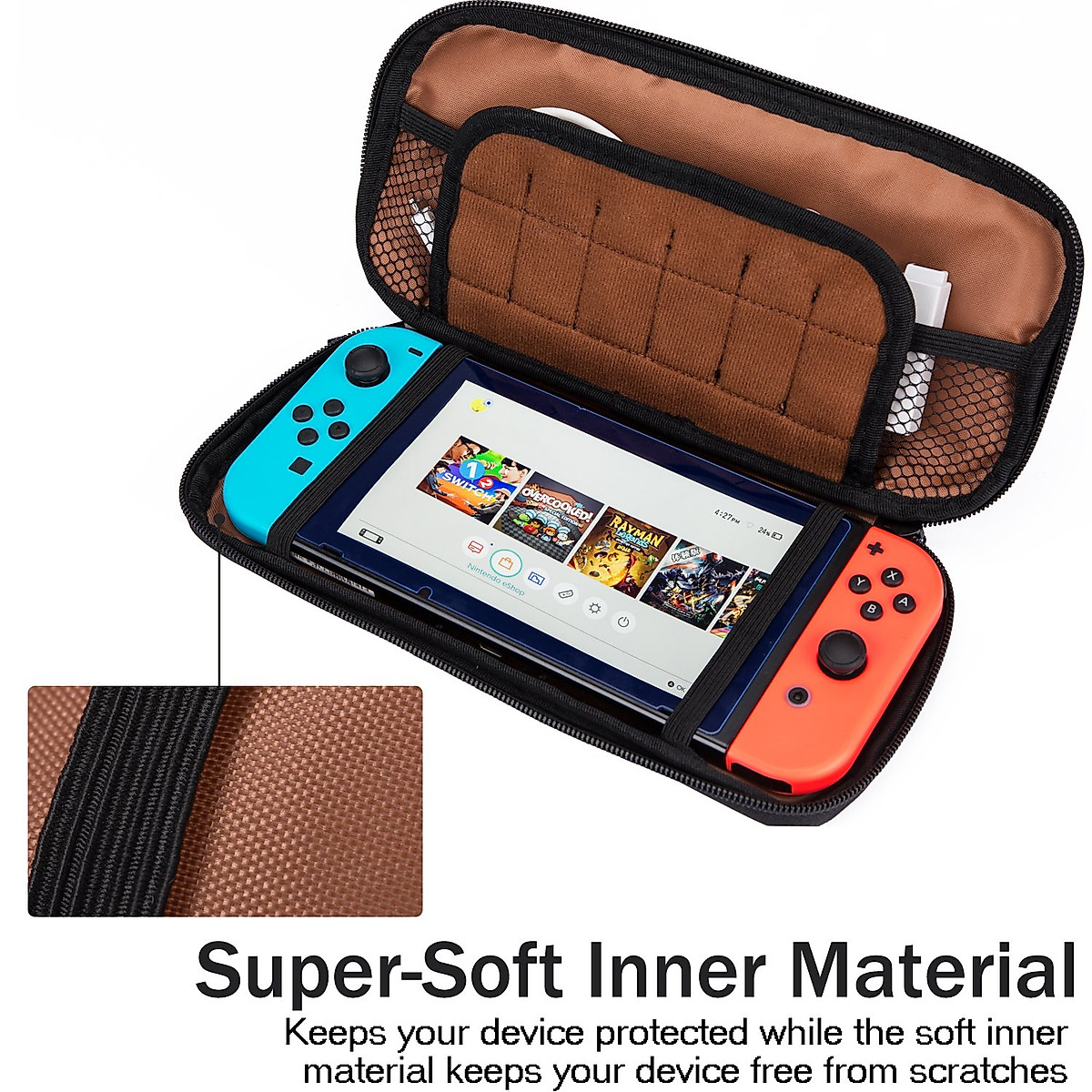 ibeacos Leather Game Traveler Deluxe Travel Case Console Protective Sleeve Accessories Storage Bag With 12 Build-in Game Card Holders And Mesh Zipper Pocket for Nintendo (Coffee)