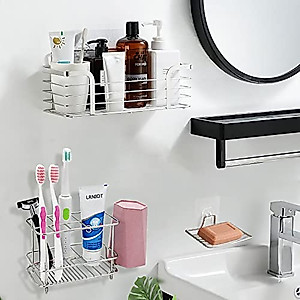 LRNIOT Shower Caddy,with Toothbrush Holder Soap Dish Holder,Stainless Steel Stand, No Drilling Bathroom Organizer for Toothbrush, Toothpaste, Facial Cleanser, Comb (Silver, 9 Pcs/Set)