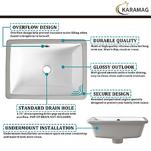 18 Inch Undermount Bathroom Sink Small Rectangle Undermount Sink White Ceramic Under Counter Bathroom Sink with Overflow (18.3"x13.8")