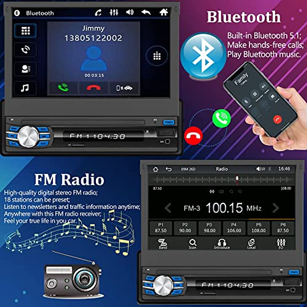 Single Din Car Stereo Compatible with Apple Carplay Android Auto, 7inch HD Flip Out Screen Car Stereo with Bluetooth, Single Din Touchscreen Car Stereo Car Audio Receivers, FM/USB/AUX/TF/Subwoofer