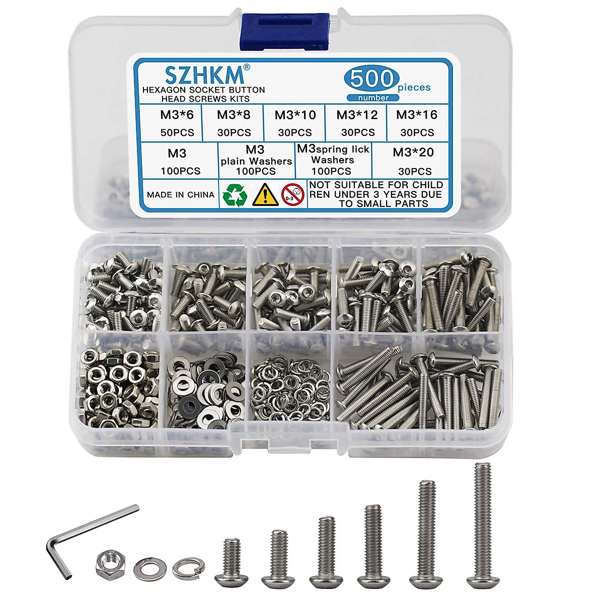SZHKM 500pcs M3 Nuts and Bolts Assortment Stainless Steel Machine Screws Metric M3 Screws and Nuts Set Hex M3 Bolt Kit with Wrench
