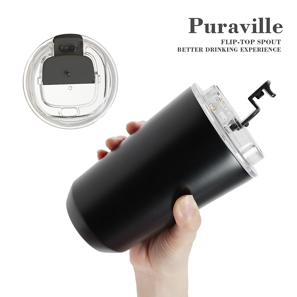 Puraville Insulated Tumblers with Lid, 14 oz Travel Coffee Mug Stainless Steel Vacuum Cup, Leak Proof Reusable Double Walled Coffee Tumbler for Iced and Hot Drinks, Black