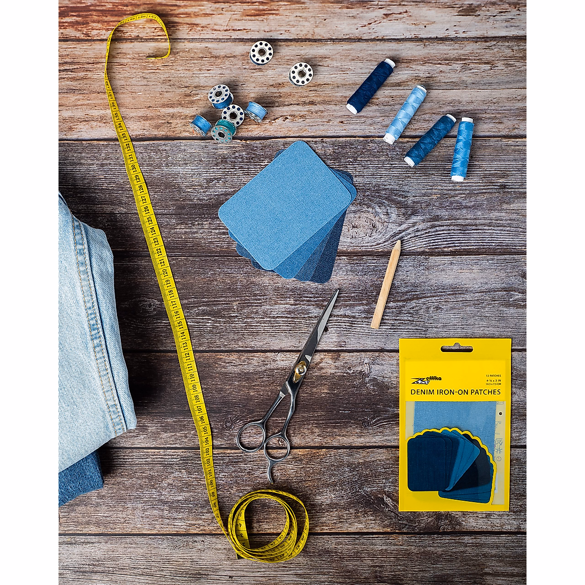 ZEFFFKA Premium Quality Denim Iron-on Jean Patches Inside & Outside Strongest Glue 100% Cotton Assorted Shades of Blue Repair Decorating Kit 12 Pieces Size 3" by 4-1/4" (7.5 cm x 10.5 cm)