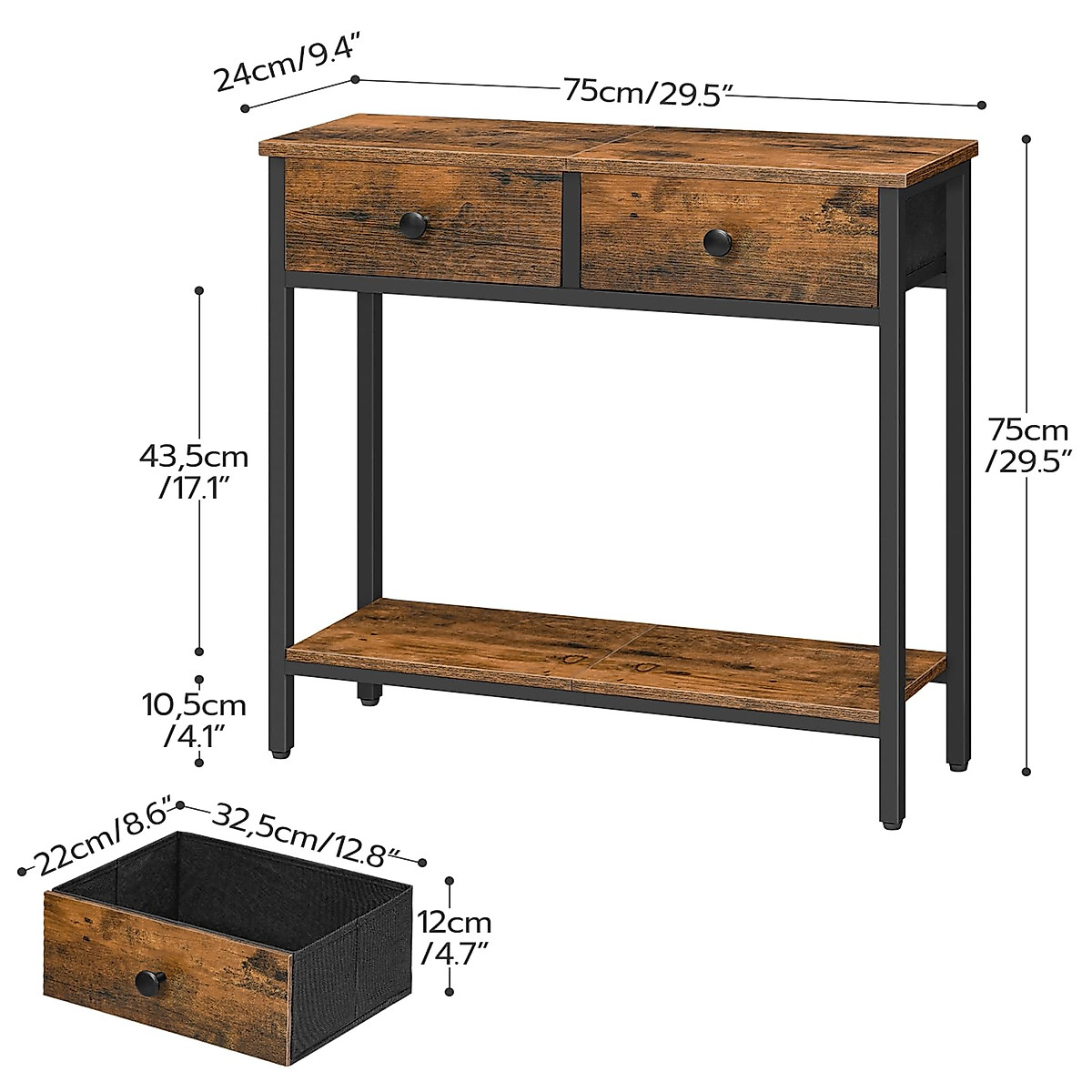 HOOBRO 29.5" Narrow Console Table with 2 Fabric Drawers, Small Entryway Table with 2-Tier Storage Shelves, Thin Sofa Table, Side Table, for Living Room, Hallway, Rustic Brown and Black BF71XG01