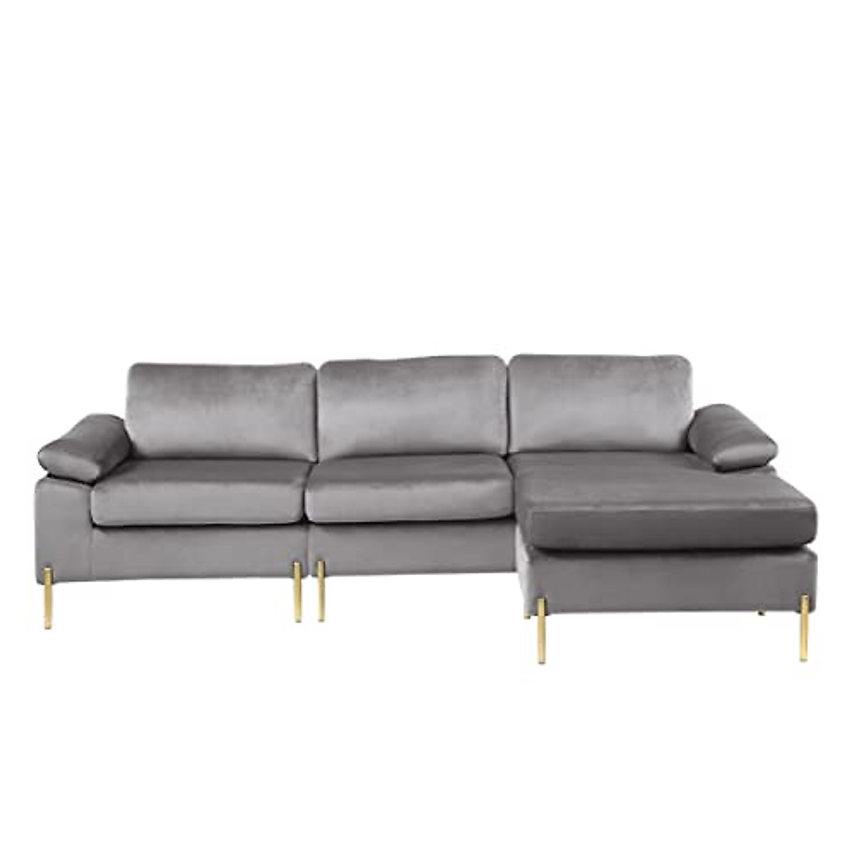 Prohon L-Shaped Sectional Sofa with Velvet Chaise & Gold Metal Legs, Mid-Century Style Modular Couch w/Removable Pillow Arms and Back for Living Room, Bedroom, Office, Gray