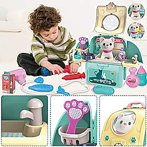 Pet Cat Carrier Backpack Toy, MAGIC4U 23PCS Pet Care Playset,Vet Clinic and Doctor Kit for Kids, Pet Veterinarian Medical Role Play Set for Boys and Girls Ages 3-6