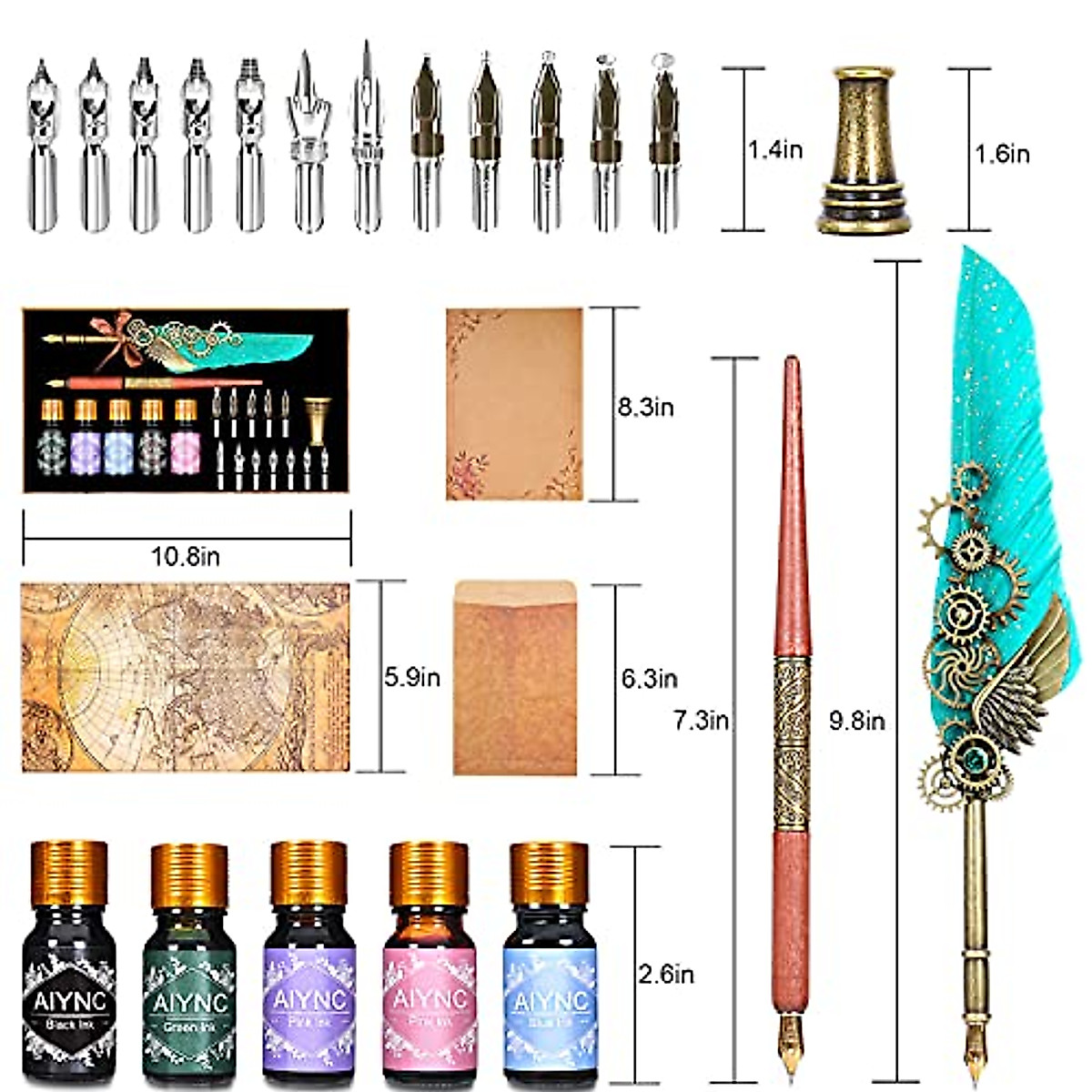 AIYNC Feather Calligraphy Pen Ink Set, Quill Pen and Ink Set Including Mechanical Feather Pen and Wooden Dip Pen, 5 Colors of Ink, 12 Replacement Nibs, Pen Holder, Envelope and Letter Paper (Green)