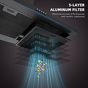 FIREGAS Black Range Hood 30 inch, Ducted/Ductless Range Hood Wall Mount Kitchen Vent Hood with 3 Speed Exhaust Fan, Push Button, LED Light, Stainless Steel Stove Hoods, Charcoal Filter Included