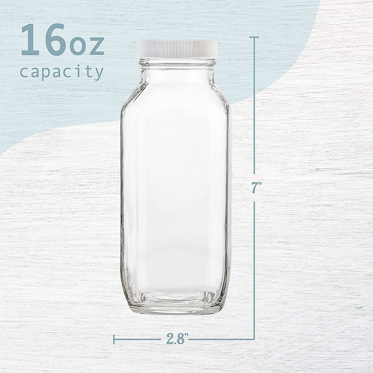 kitchentoolz 16oz Square Glass Milk Bottle with Plastic Airtight Lids - Vintage Reusable Dairy Drinking Jars Containers for Milk, Yogurt, Smoothies, Kefir, Kombucha, and Water- Pack of 2