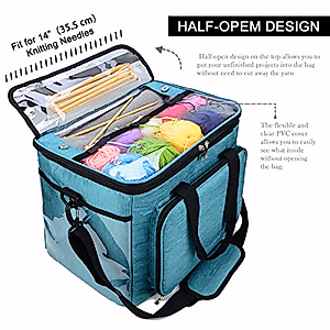 Hoshin Knitting Bag for Yarn Storage, High Capacity Yarn Totes Organizer with Inner Divider Portable for Carrying Project, Knitting Needles(up to 14”), Crochet Hooks, Skeins of Yarn (Green)