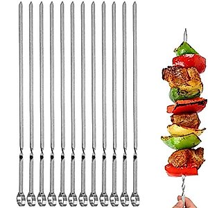 JOMVERL 12PCS Kabob Skewers Flat Metal BBQ Barbecue Skewer 14" Long Stainless Steel Shish Kebob Sticks Wide Reusable Grilling Skewers Set for Meat Shrimp Chicken Vegetable, 12 Pack