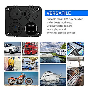 Kohree 12V Marine Car Charger Socket Panel, 4 in 1 Waterproof Boat Cell Phone Rocker Switch Panel with Dual QC3.0 USB Power Outlet Cigarette Lighter Socket for RV Marine Boat Camper Truck Automotive