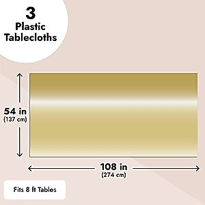 Juvale 3 Pack Gold Plastic Tablecloths for Rectangle Tables, Disposable Table Covers for Wedding, Birthday, Baby Shower (54 x 108 in)