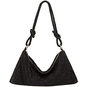 UMREN Rhinestone Hobo Bags for Women Chic Evening Handbag Sparkly Crystal Cluth Purse for Party Club Wedding (Black)